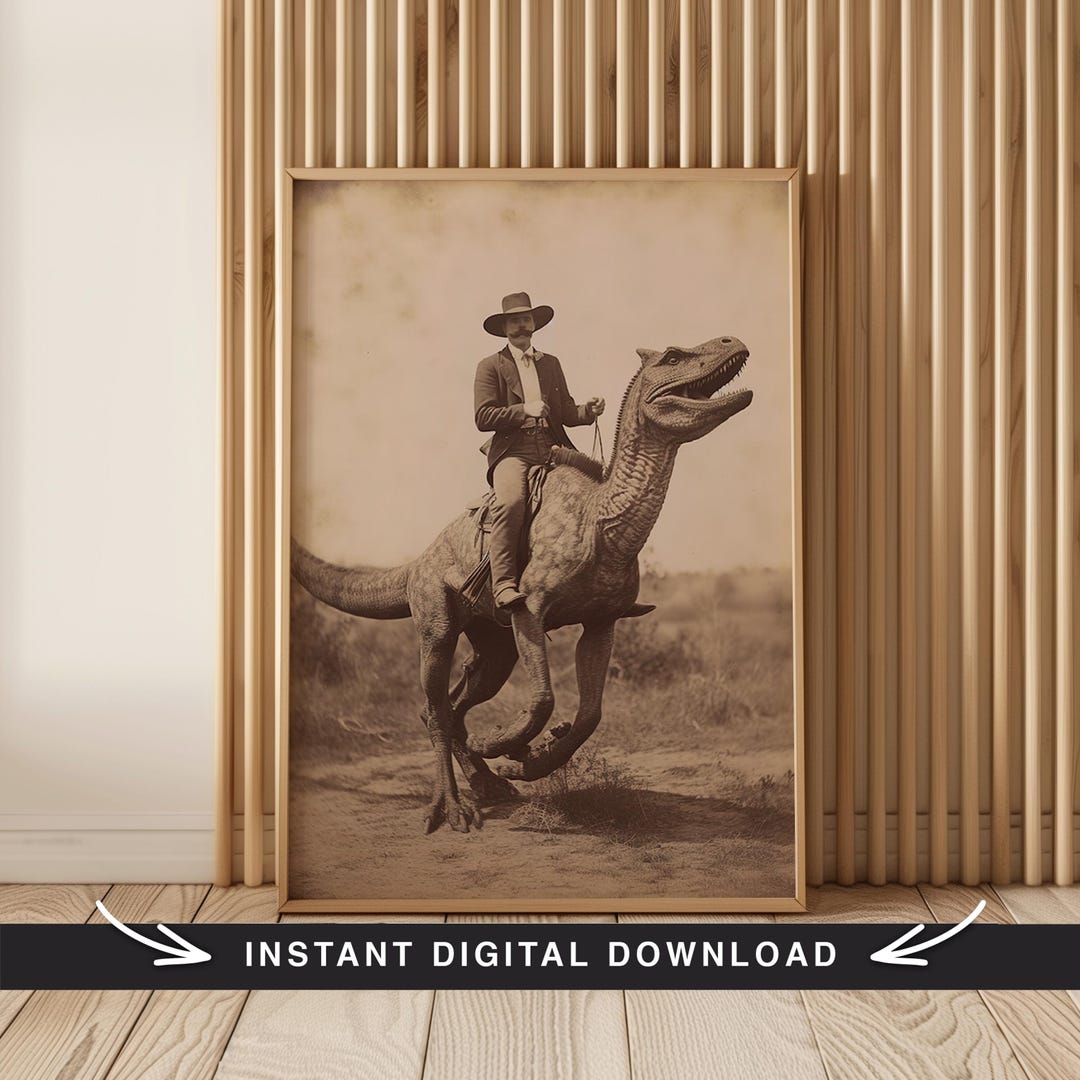 Cowboy Riding Dinosaur Vintage Photograph Art Poster Print, Western ...