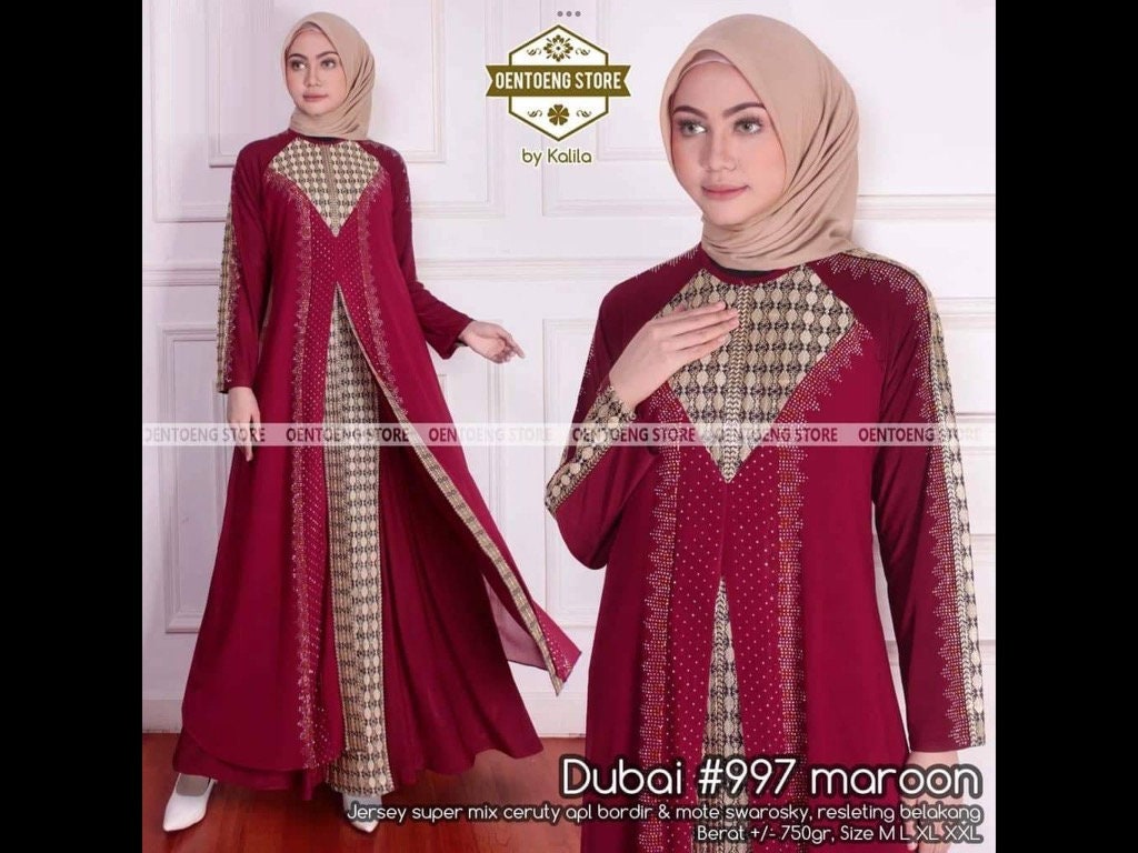 Red Muslim Abaya Long Sleeve Long Dress With Gold Details - Etsy