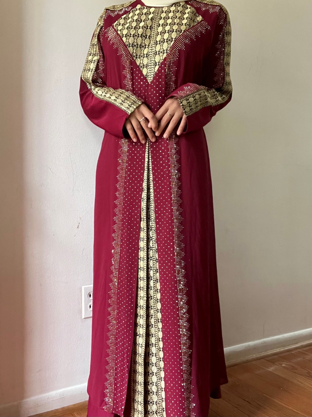 Red Muslim Abaya Long Sleeve Long Dress With Gold Details - Etsy