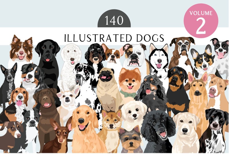 Dog Clipart Bundle With 140 Dogs - VOLUME 2 - Dog Breed Illustrations ...