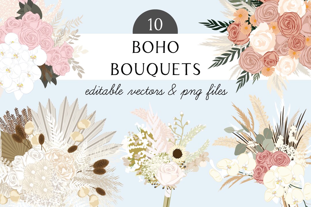 Boho Floral Clipart Editable - Boho Wedding Bouquets - Wedding Florals ...