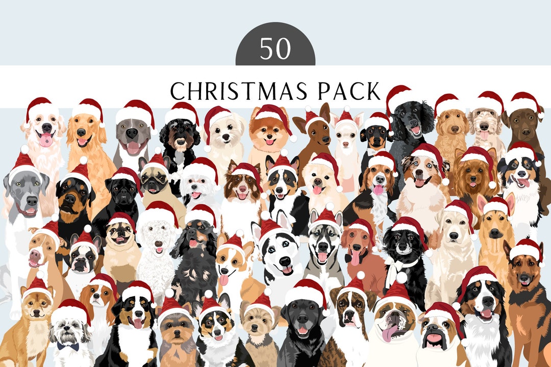 Christmas Dog Clipart Bundle With 50 Dogs in Santa Hats - Holiday Dog ...