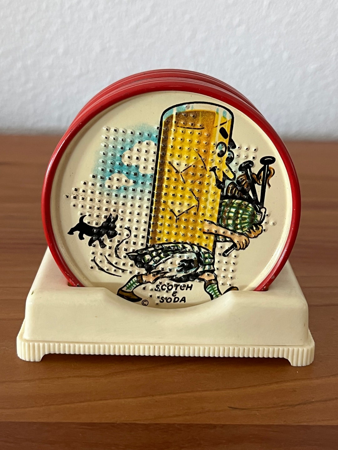 Vintage Barware Scotch & Soda Punched Metal Coaster Set Bagpipes and ...