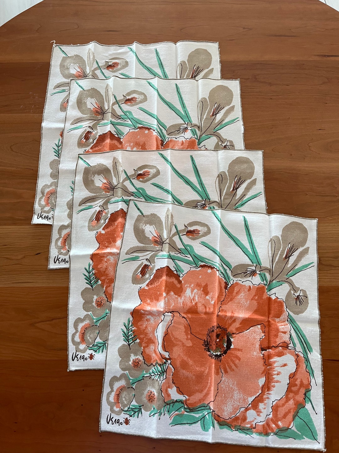 Vintage Set of 4 Vera Neumann Fabric Napkins Featuring an Orange Poppy ...