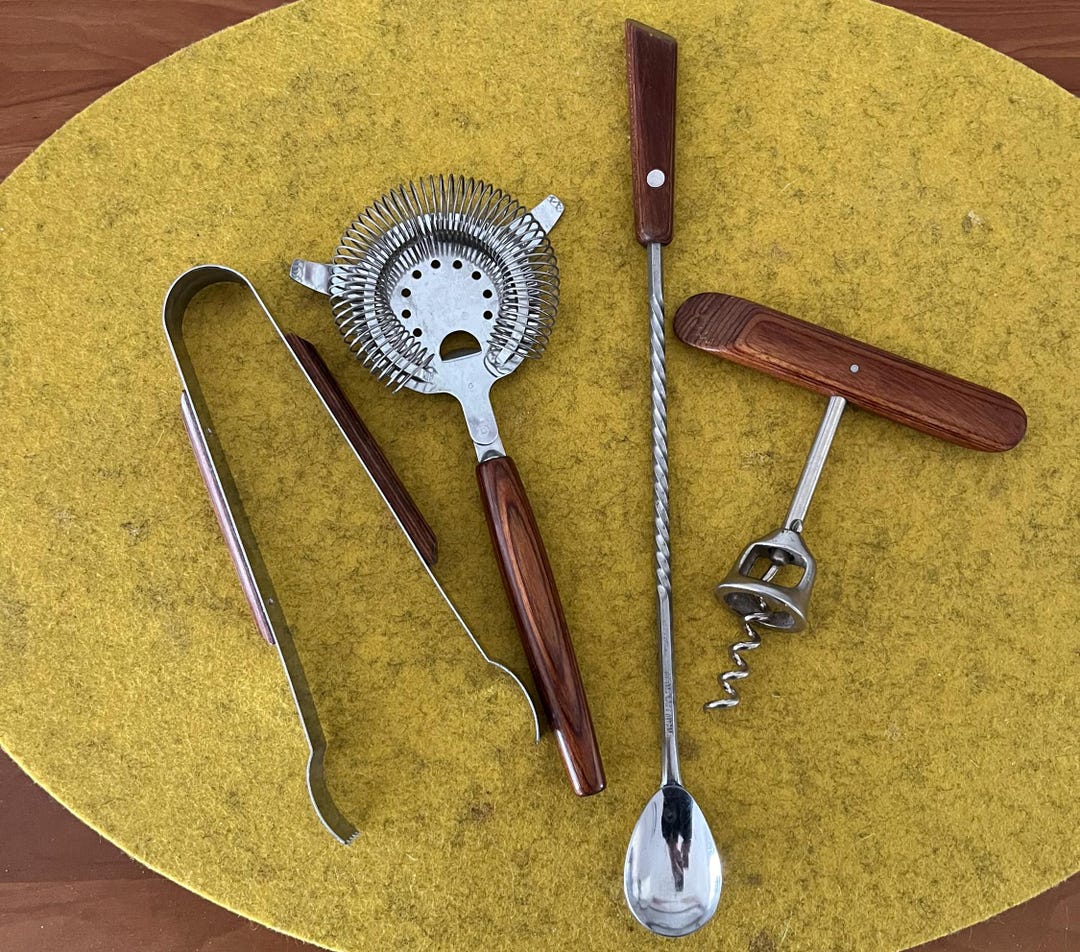 MCM Wood Handle Bar Utensils Set - Stirrer, Strainer, Tongs, Corkscrew ...