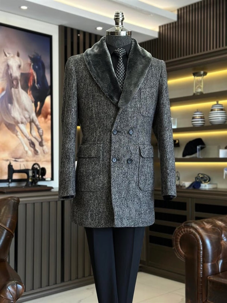 Men Italian Style Wool Overcoat With Fur Collar,custom Made Wool ...