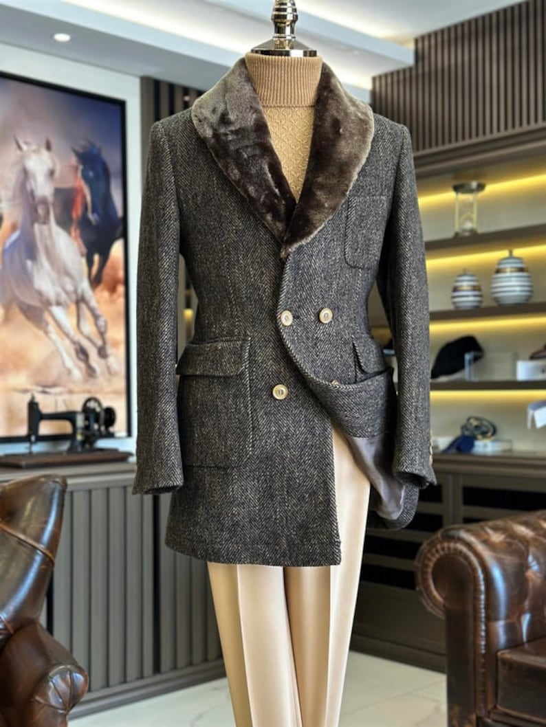 Men Italian Style Wool Overcoat With Fur Collar,custom Made Wool ...