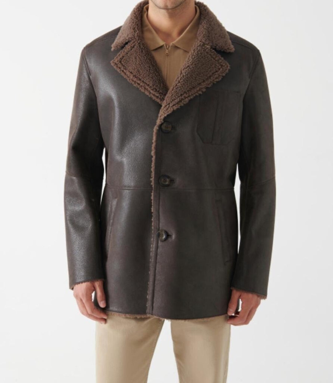 Mens Shearling Brown Bomber Long Leather Jacket, Furred Black Genuine ...