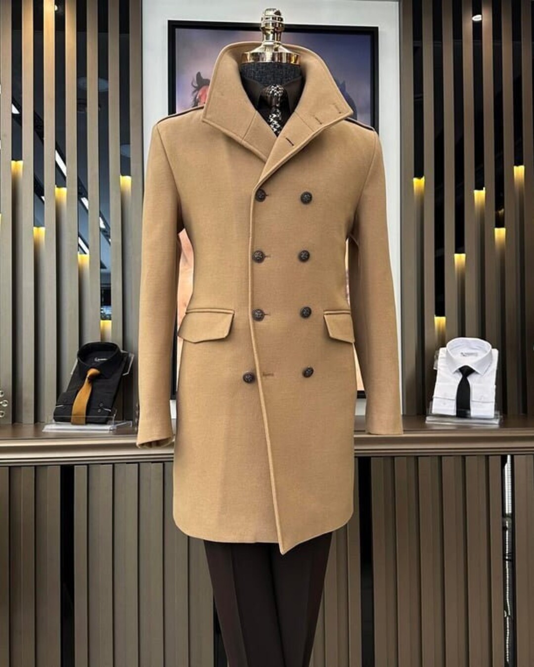 Men Double Breasted Military Brown Wool Long Winter Coat, Black Wool ...