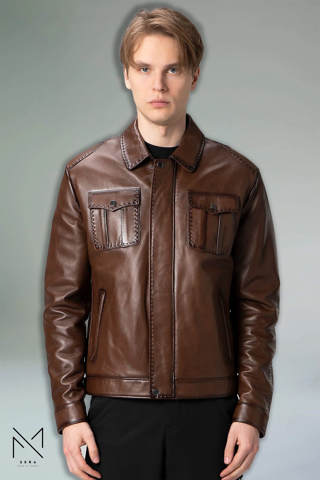 Genuine Lambskin Brown Leather Biker Jacket for Mens, Motorcycle Style Jacket, Winter Jacket ...