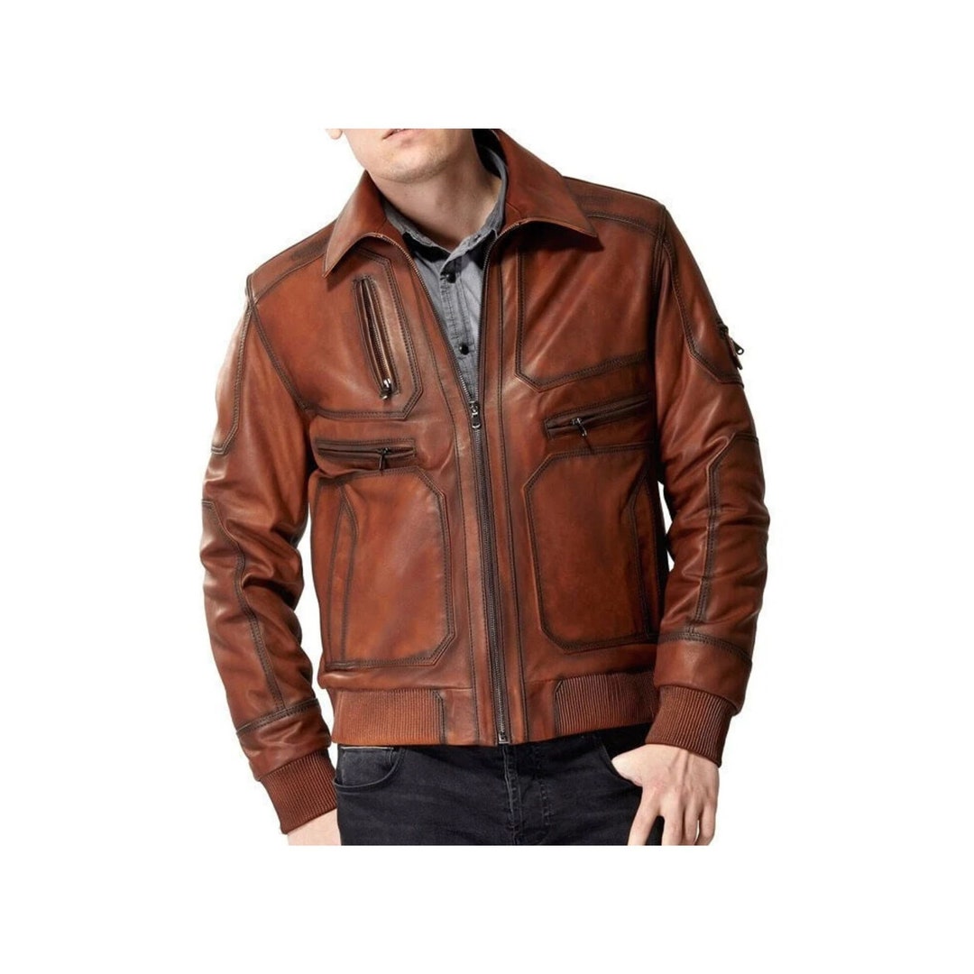 Men GENUİNE LEATHER Jacketmen Brown Genuine Lambskin Jacket,men Biker ...