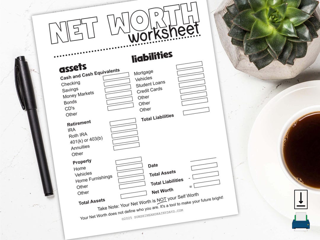 Net Worth Worksheet • Printable Net Worth Tracker • Wealth Tracker ...