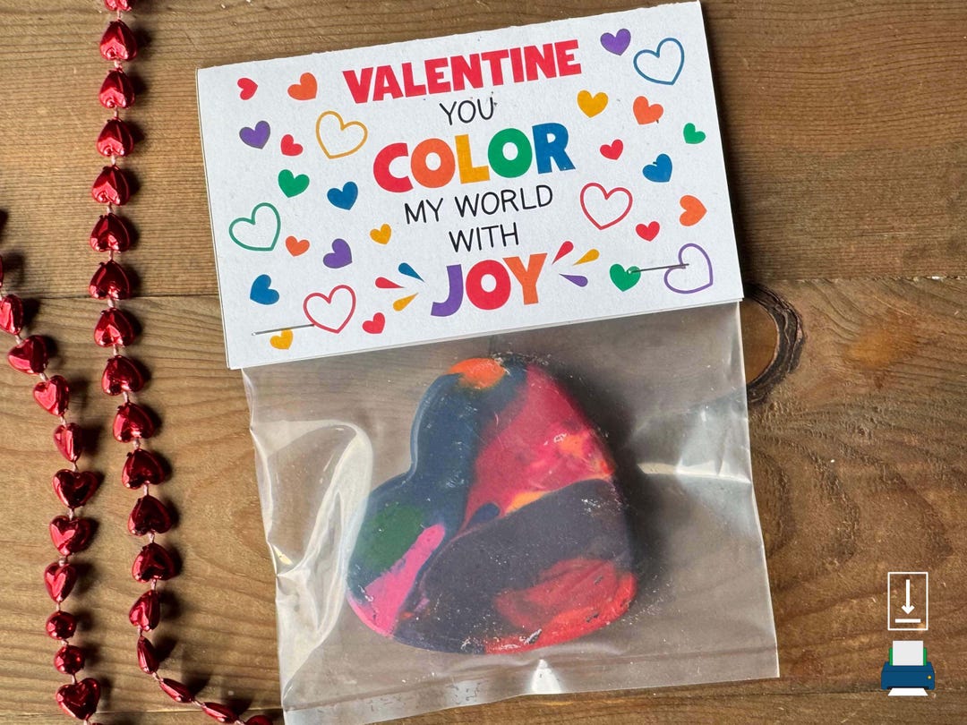 Valentine You Color My World Printable Bag Topper • Heart Crayon ...