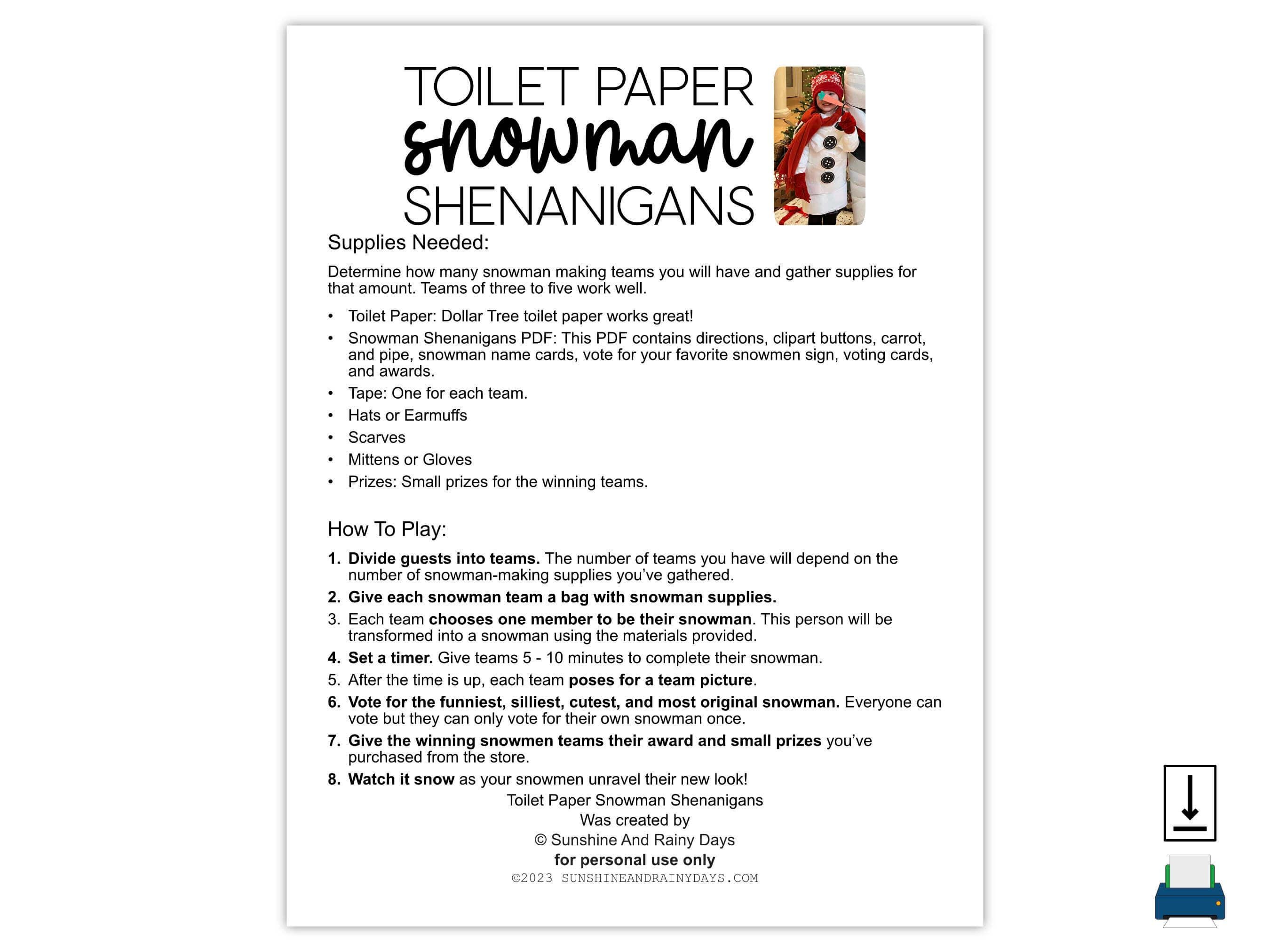 Printable Toilet Paper Snowman Game • Christmas Party Game • Snowman ...