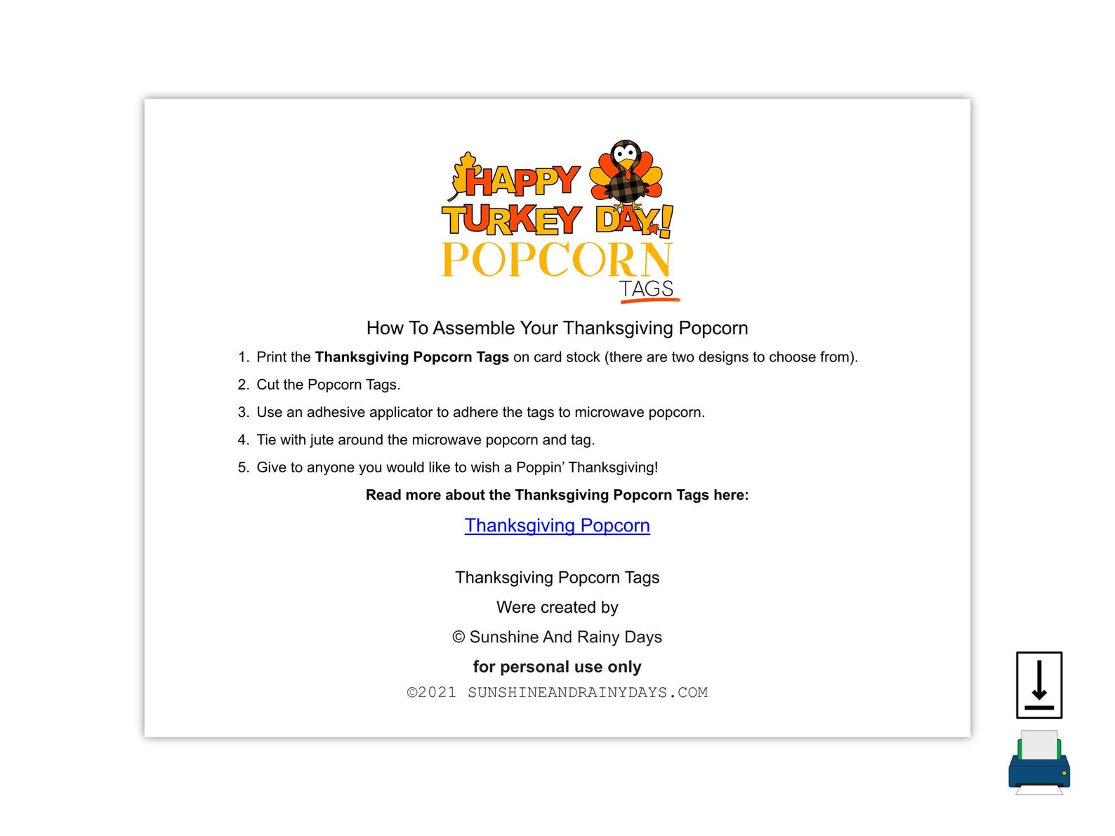 Thanksgiving Popcorn Tag • Popcorn Printables • Printable Microwave ...