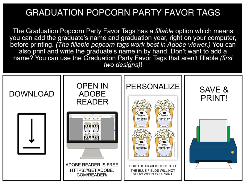 Fillable Graduation Party Popcorn Party Favor Tag Printable - Etsy