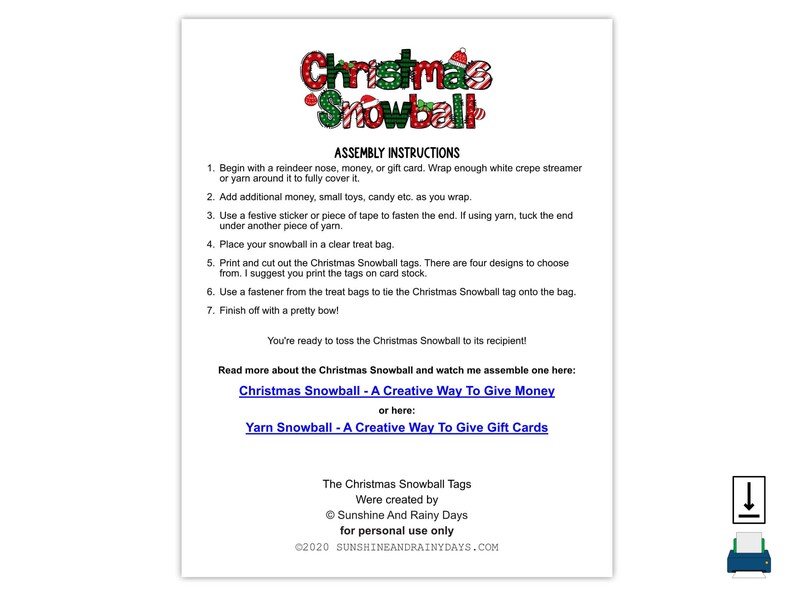 Printable Christmas Snowball Tags • Money Snowball Tags • Creative Way ...
