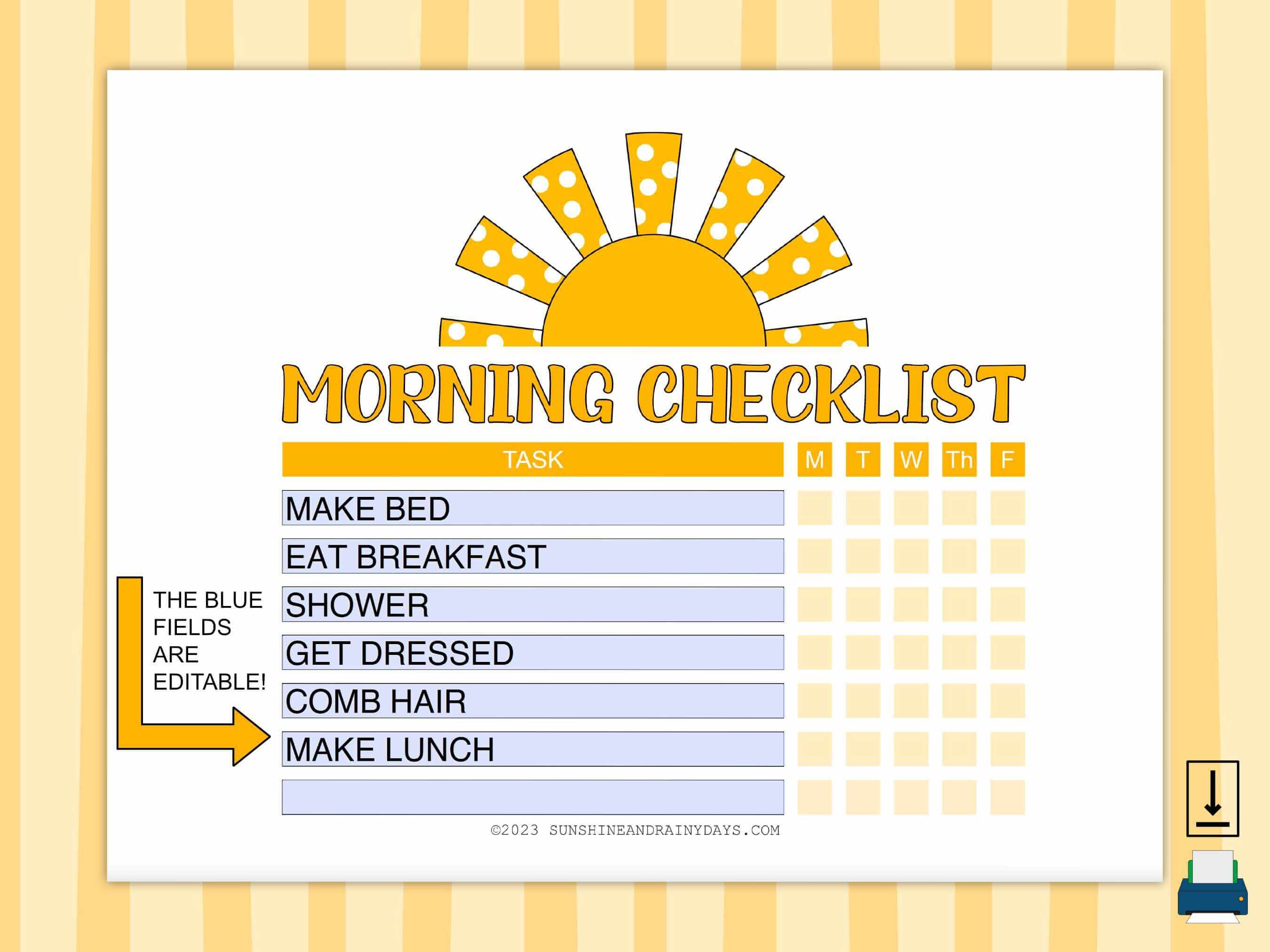 Fillable Back-to-school Morning Checklist Responsibility Chart Morning ...