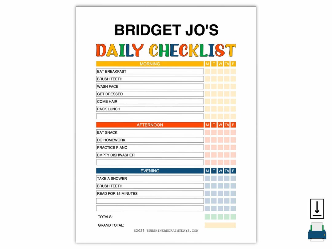 Back-to-school Daily Checklist With Points • Personalized Back-to ...