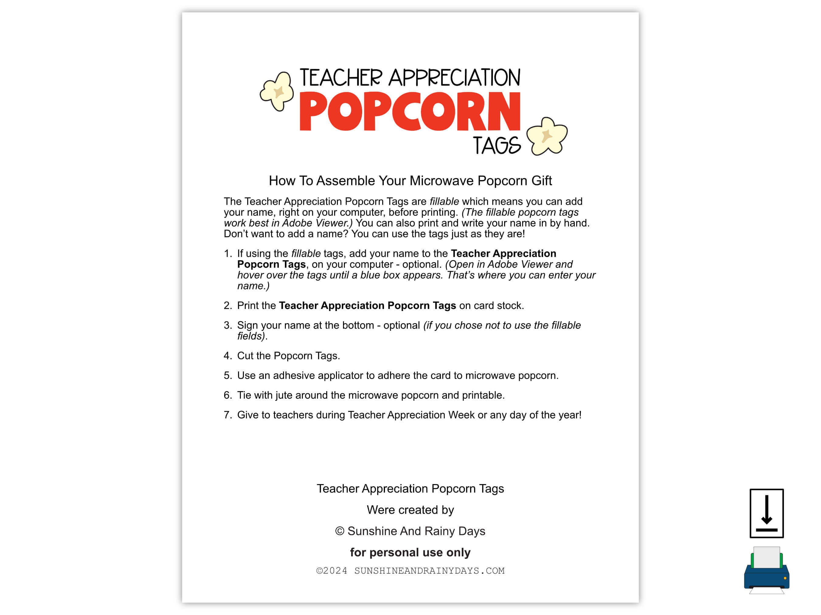 Fillable Teacher Appreciation Popcorn Tags • Printable Microwave ...
