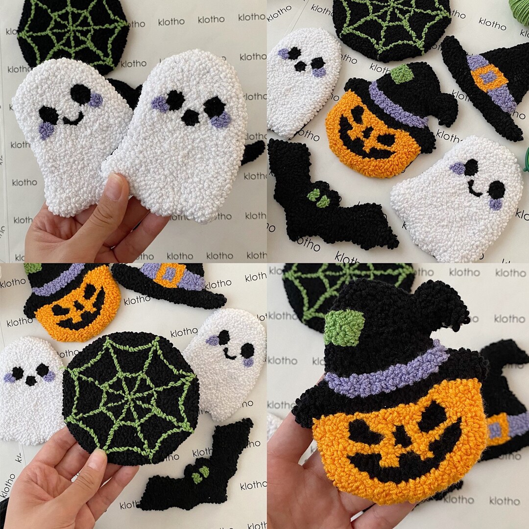 Halloween Drink Coasters, Set of 2 Drink Coasters, Pumpkin Punch Needle ...