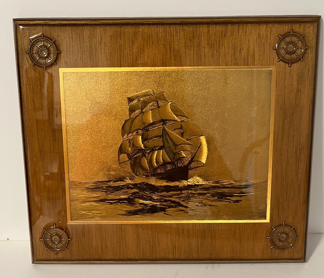 Vintage Gold Foil Ship Sailboat at Sea Framed Picture Foil Art ...