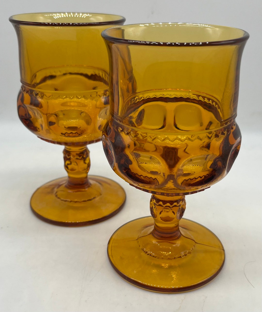 Vintage Indiana Glass Kings Crown Thumbprint Amber Goblets Set - Etsy