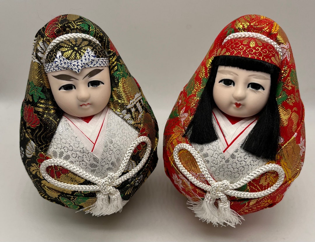 Vintage Japanese Wedding Doll Couple Roly Poly Hime Daruma Gofun Face 6 ...