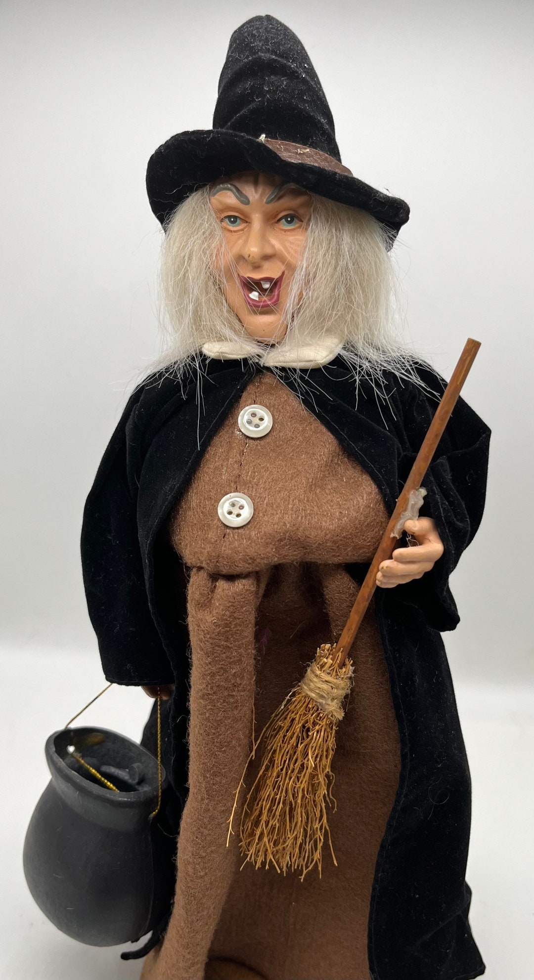 Vintage Halloween Scary Witch/ Kitchen Witch With Cauldron and Broom ...