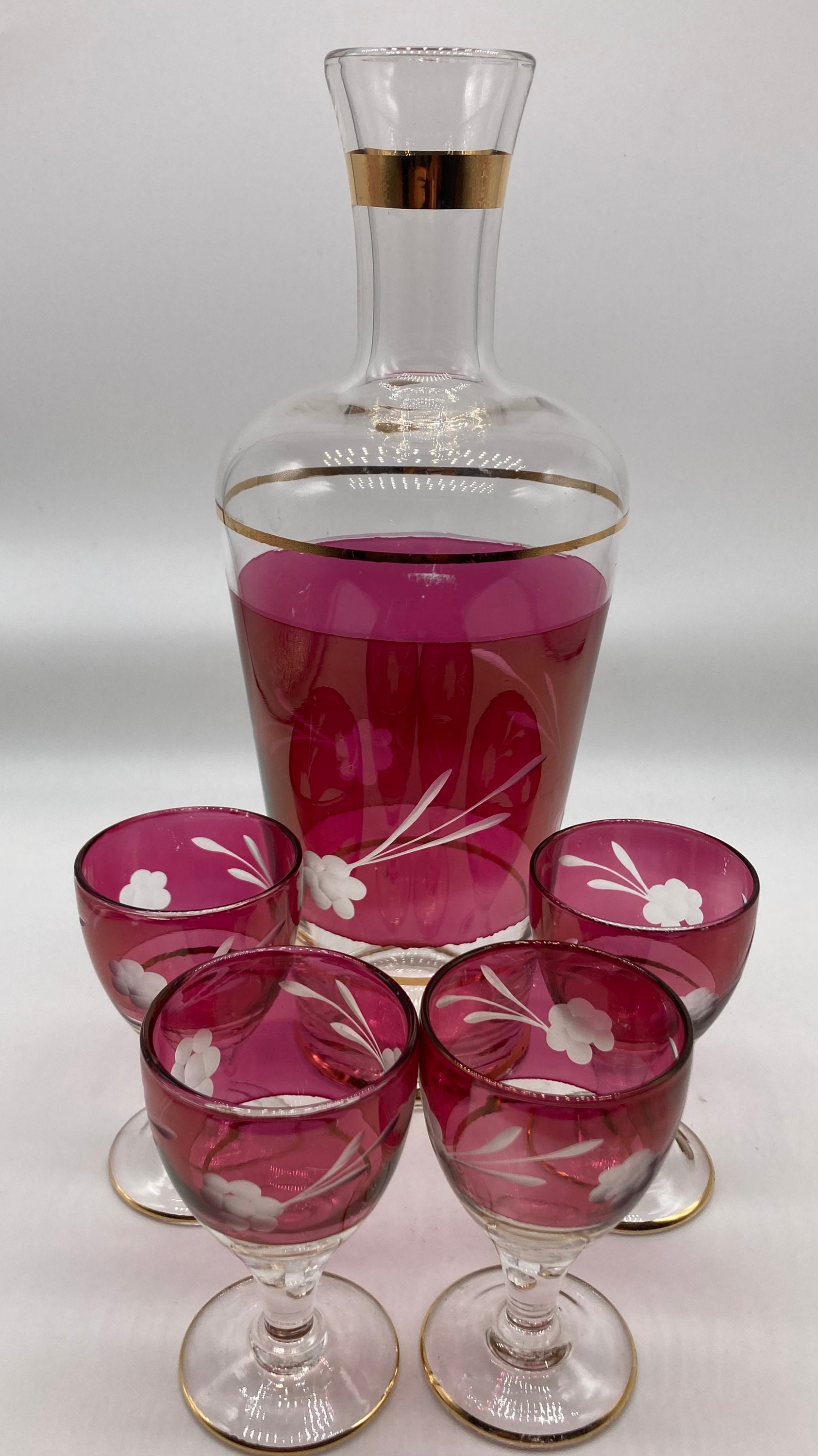 Vintage MCM Ruby Red Flash Etched Glass Decanter With 4 Footed - Etsy