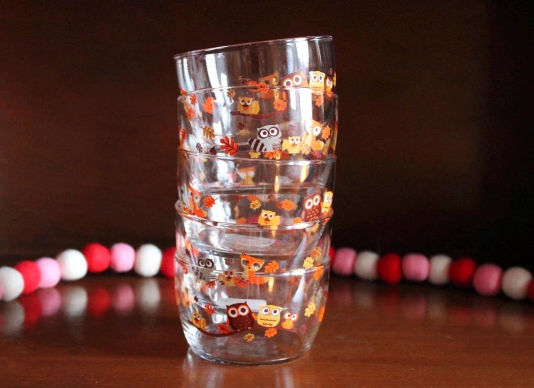 Vintage Libbey Hoot! Owl, Fox, Racoon, Squirrel Fall Harvest Glass ...