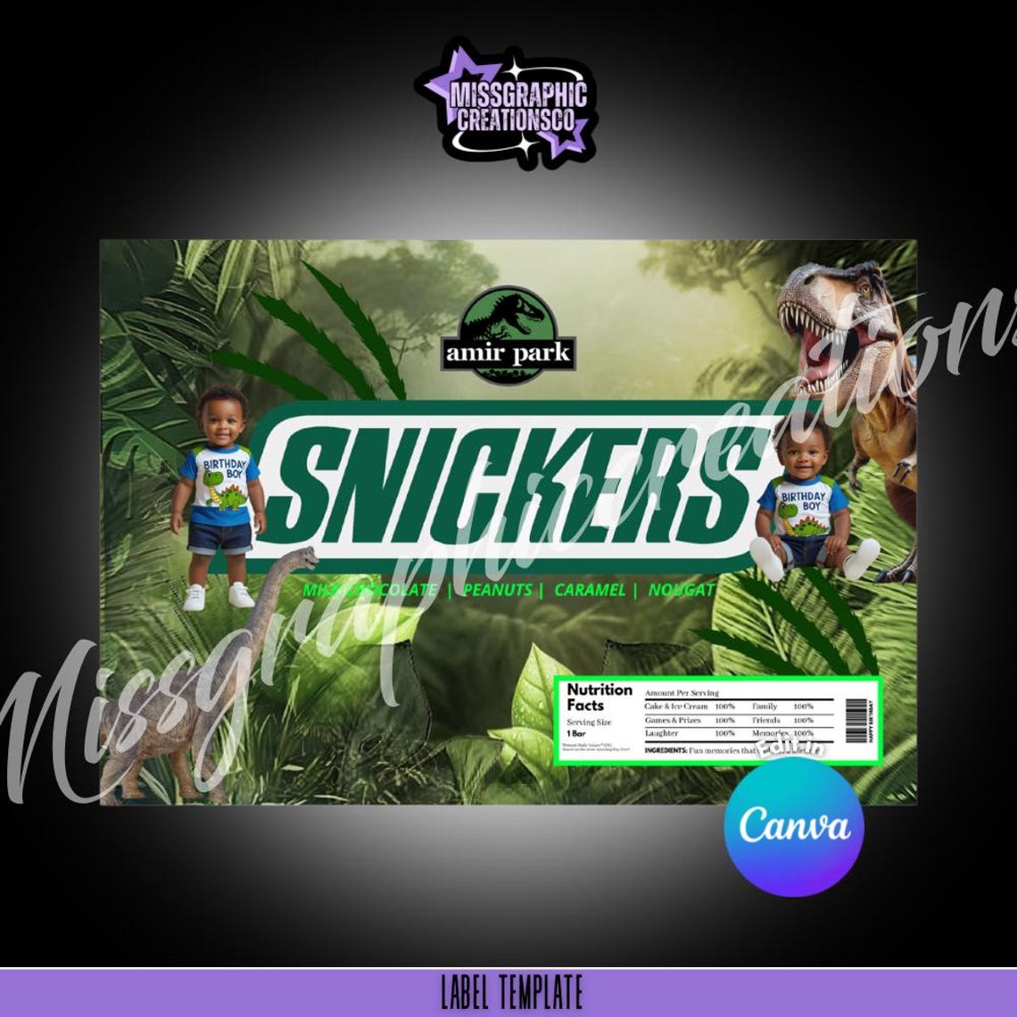 Dinosaur Birthday Snickers Label Template: Editable Party Favor ...