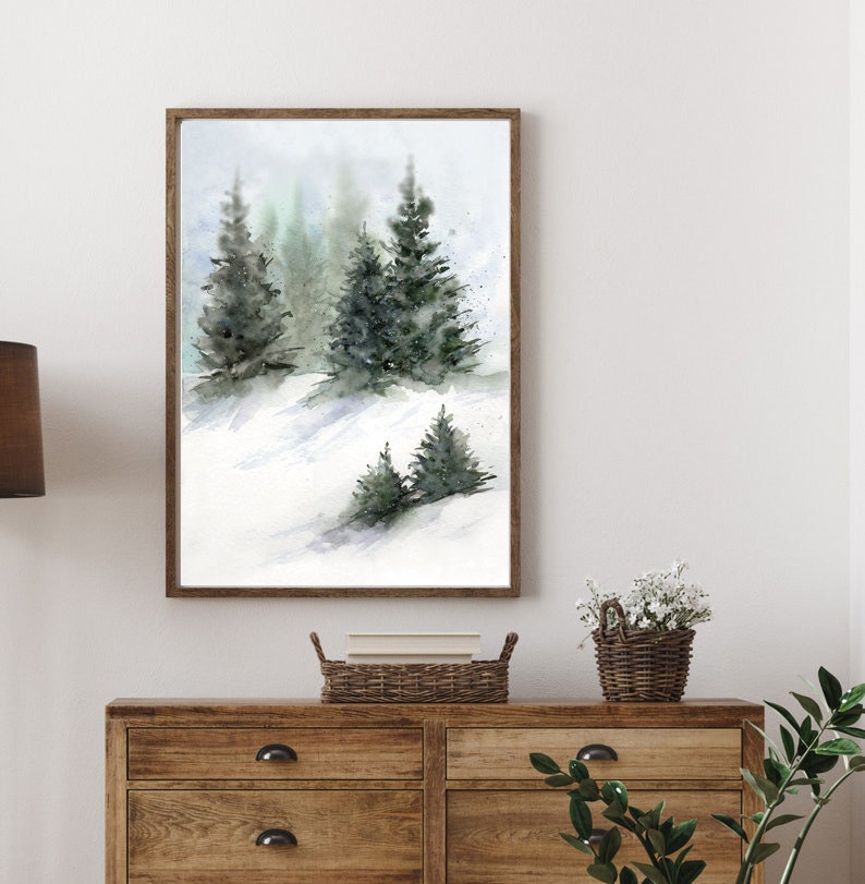 Pine Trees Landscape Paintingwatercolor Printable Wall - Etsy