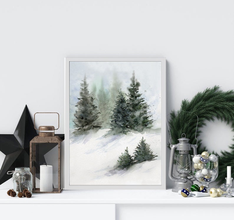 Pine Trees Watercolor Paintinglandscape Printable Wall - Etsy