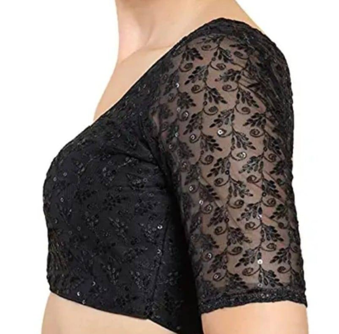 Made to Order Beautiful Black Net Blouse in Round Neck and Elbow ...