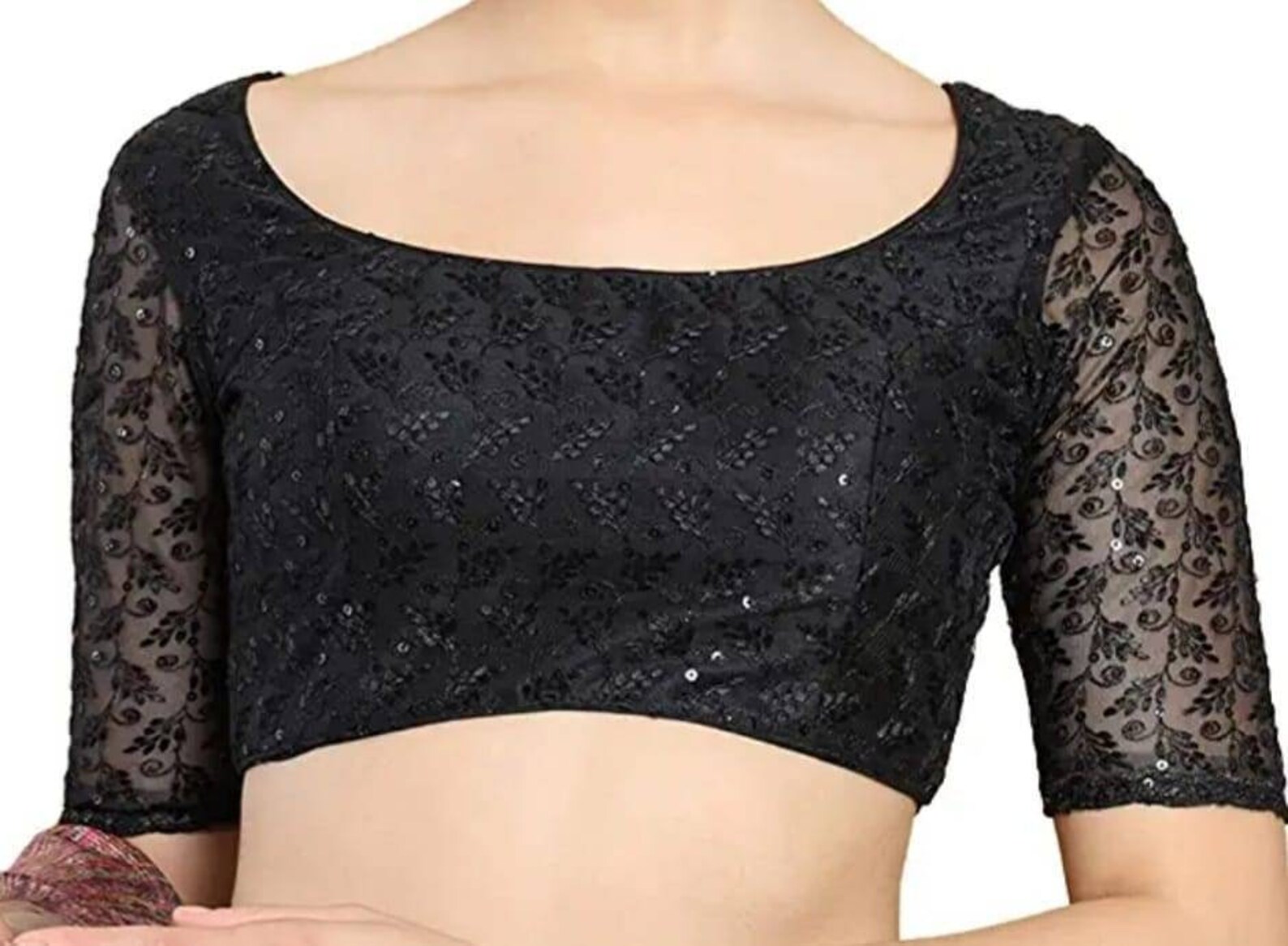 Made to Order Beautiful Black Net Blouse in Round Neck and Elbow ...