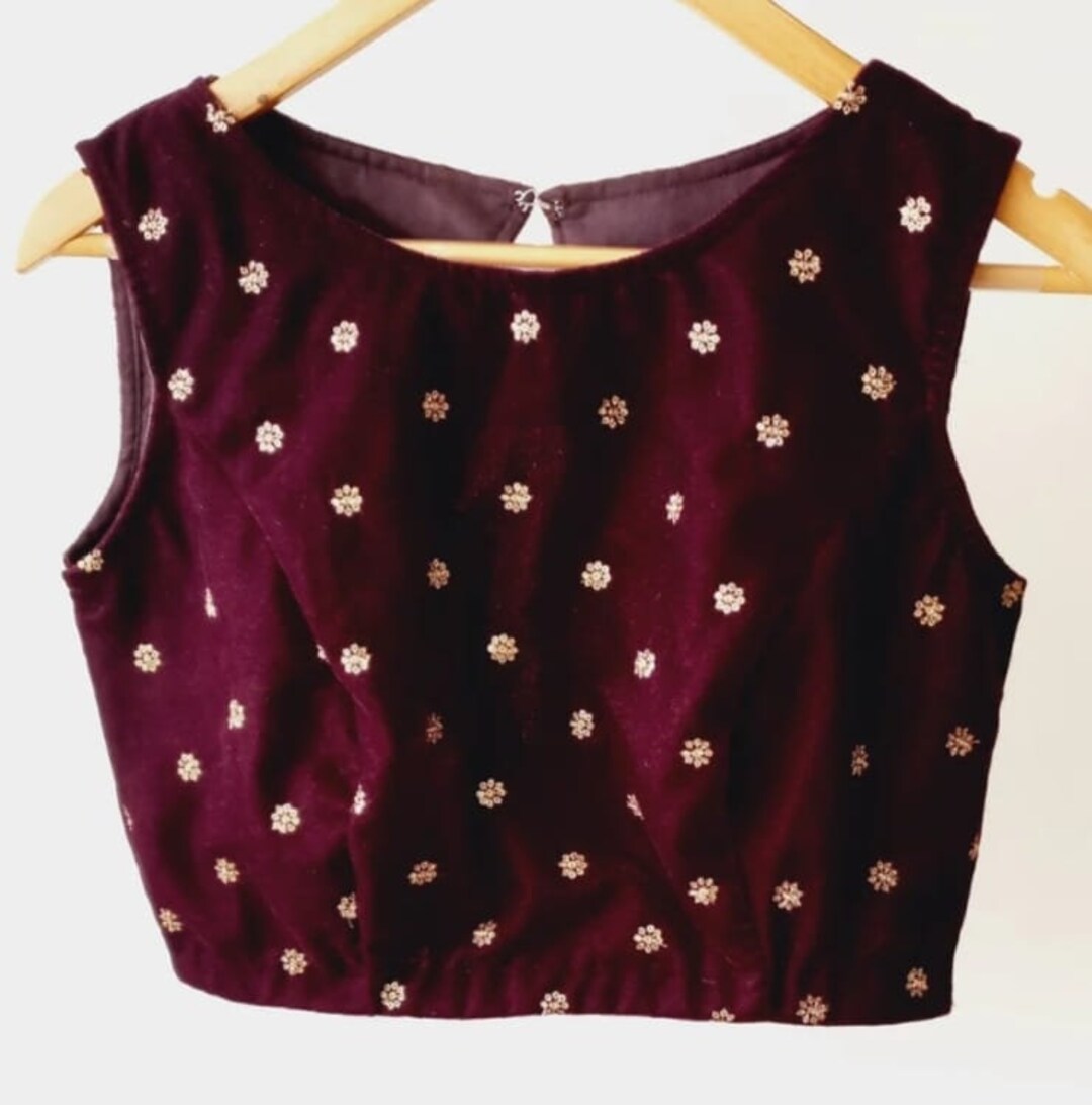 Beautiful Maroon Velvet Blouse in Boat Neck and Back Keyhole, Back Open ...
