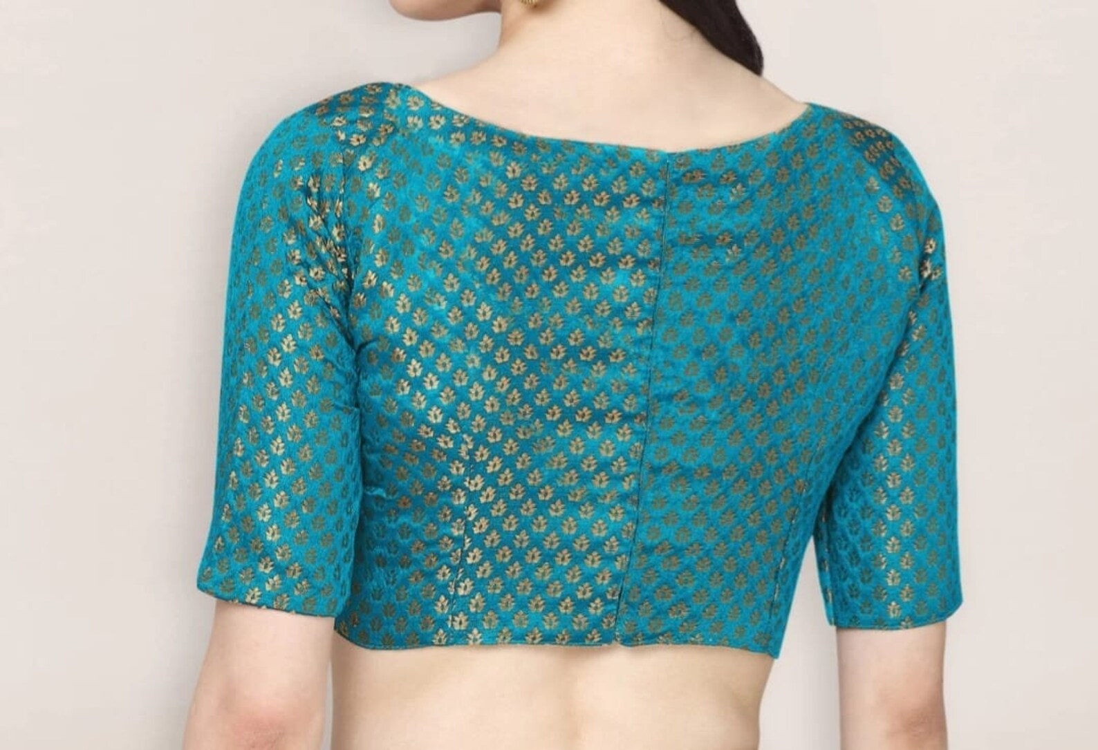 Beautiful Teal Blue Blouse in Round Neck and Elbow Sleeves,back Open ...