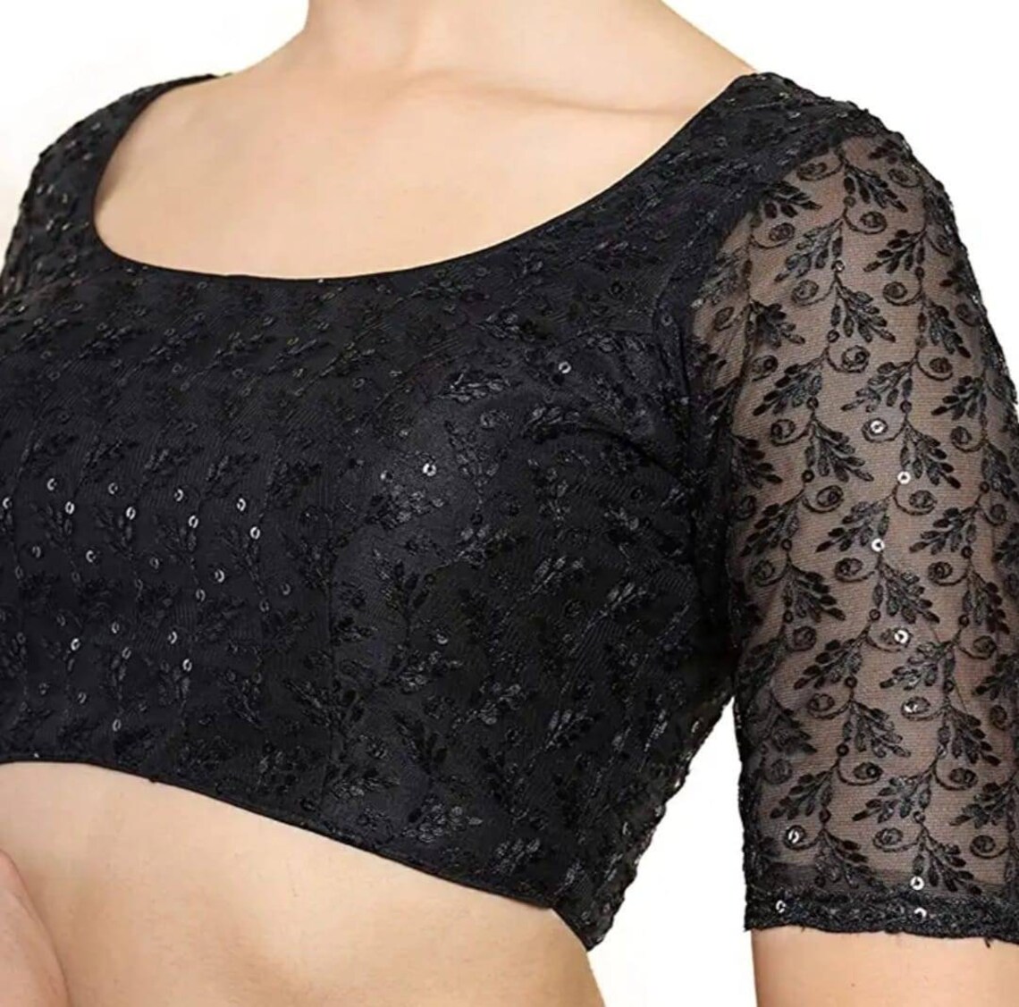 Made to Order Beautiful Black Net Blouse in Round Neck and Elbow ...