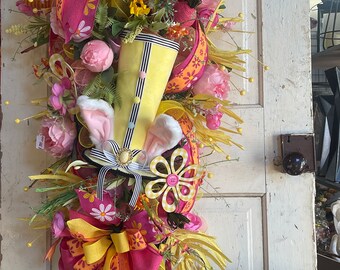 Pink Spring Door Swag - Handmade Easter Bunny Wreath With Hydrangeas ...
