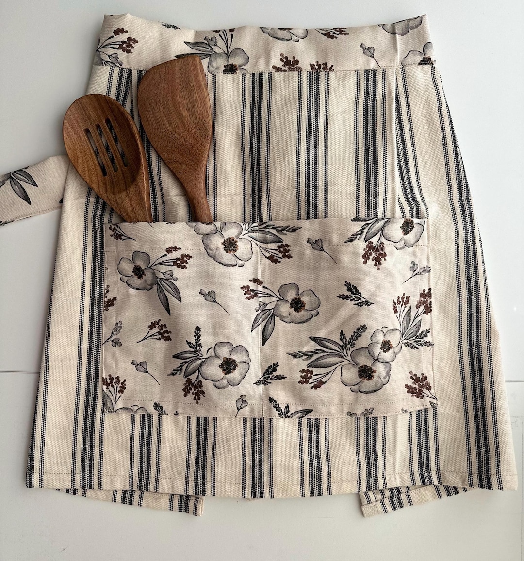 Botanic Half Apron – Cotton Fabric – Natural Ticking & Floral Print ...