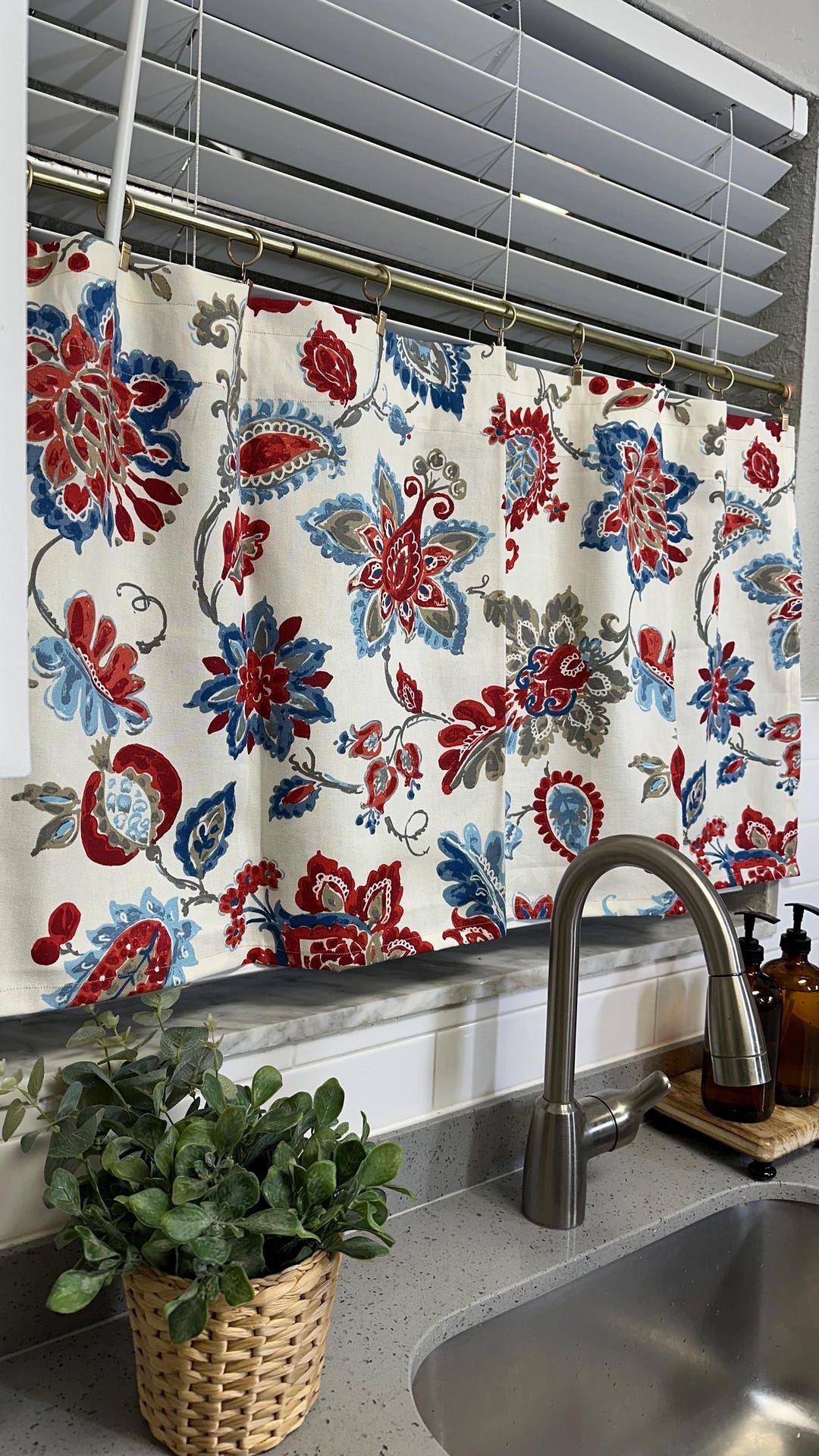 Festive Red Floral Cafe Curtain: Handmade Cotton Cottagecore Kitchen ...