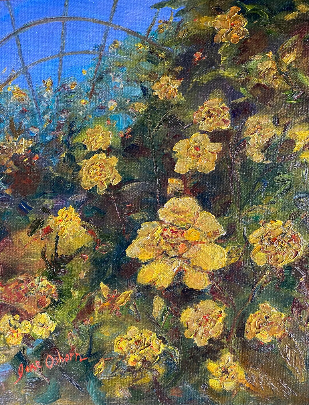 Yellow Rose Bush Oil Painting 8 X10" by Artist Jane Osborn. Vintage ...