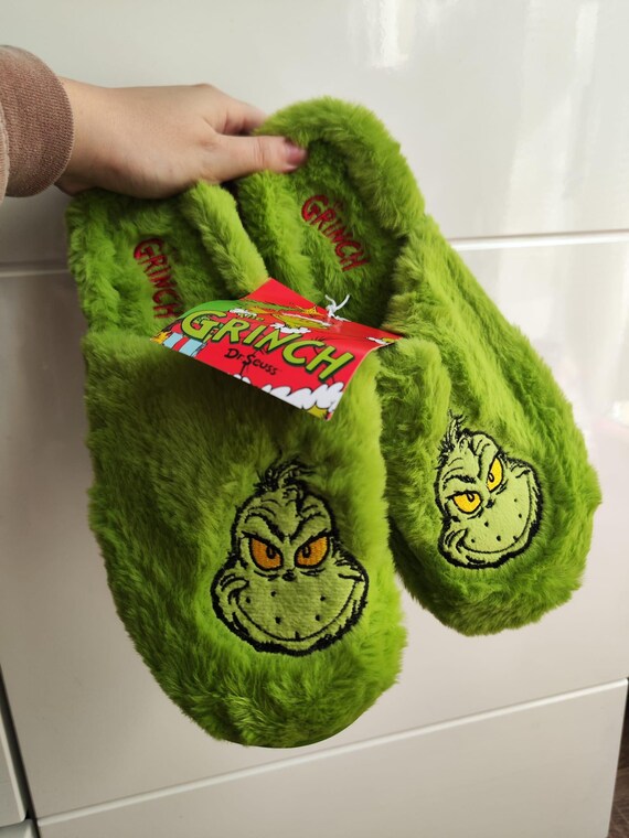Dr Seuss The Grinch Slippers Green Fluffy Merry Grinc… - Gem