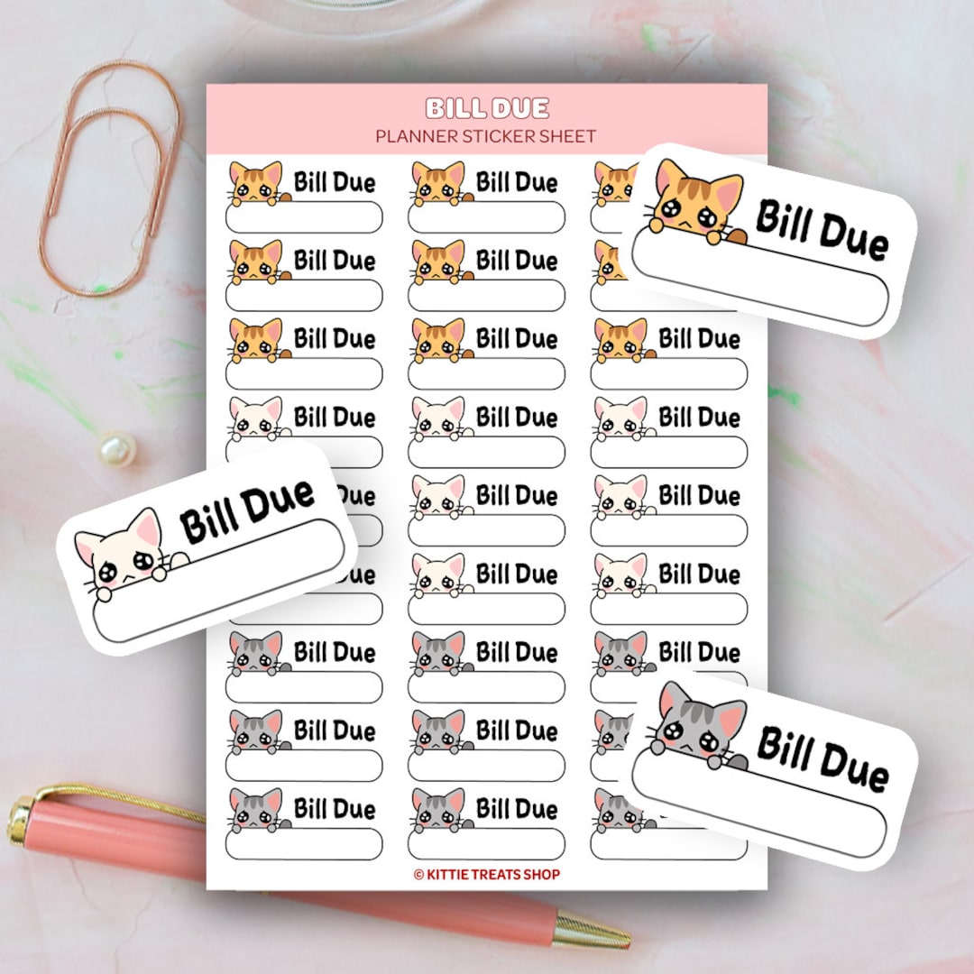Kawaii Cat Bill Due Planner Sticker, Bill Due Reminders, Cute Planner ...