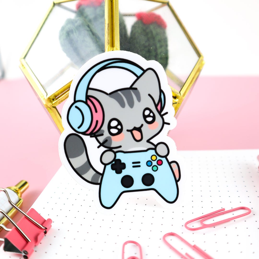 Gamer Kitty Vinyl Sticker, Water Bottle Sticker, Car Decal, Laptop ...
