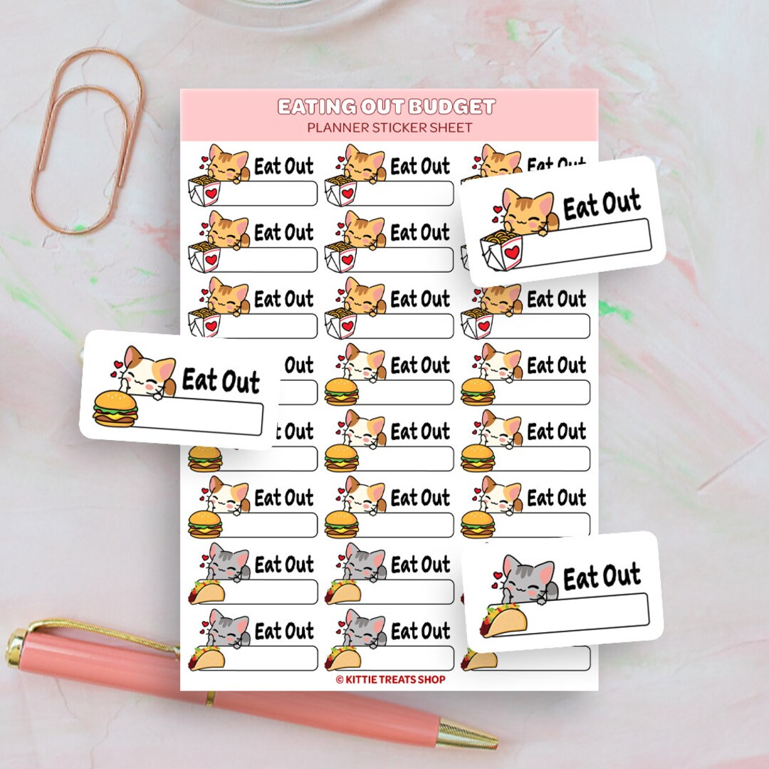 Kawaii Cat Eating Out Budget Planner Sticker, Budget Reminders, Cute ...