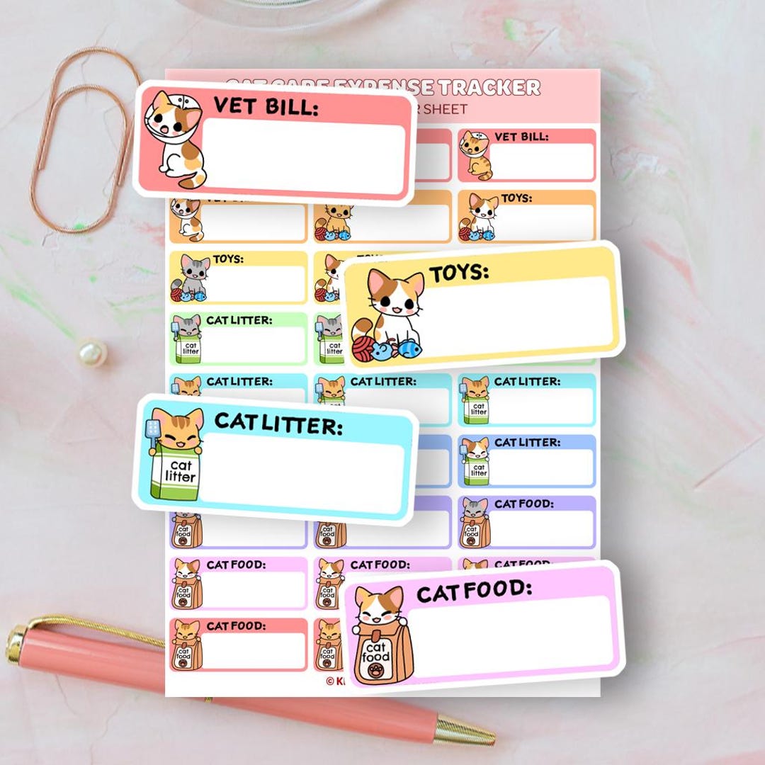Kawaii Cat Care Expense Tracker Planner Stickers, Cat Expense Reminders ...