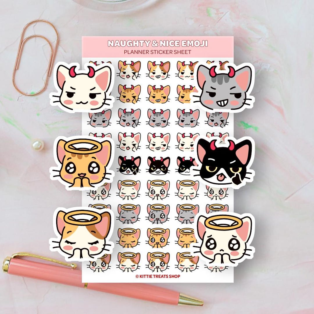 Kawaii Cat Naughty and Nice Emoji Planner Sticker, Emoji Planner ...