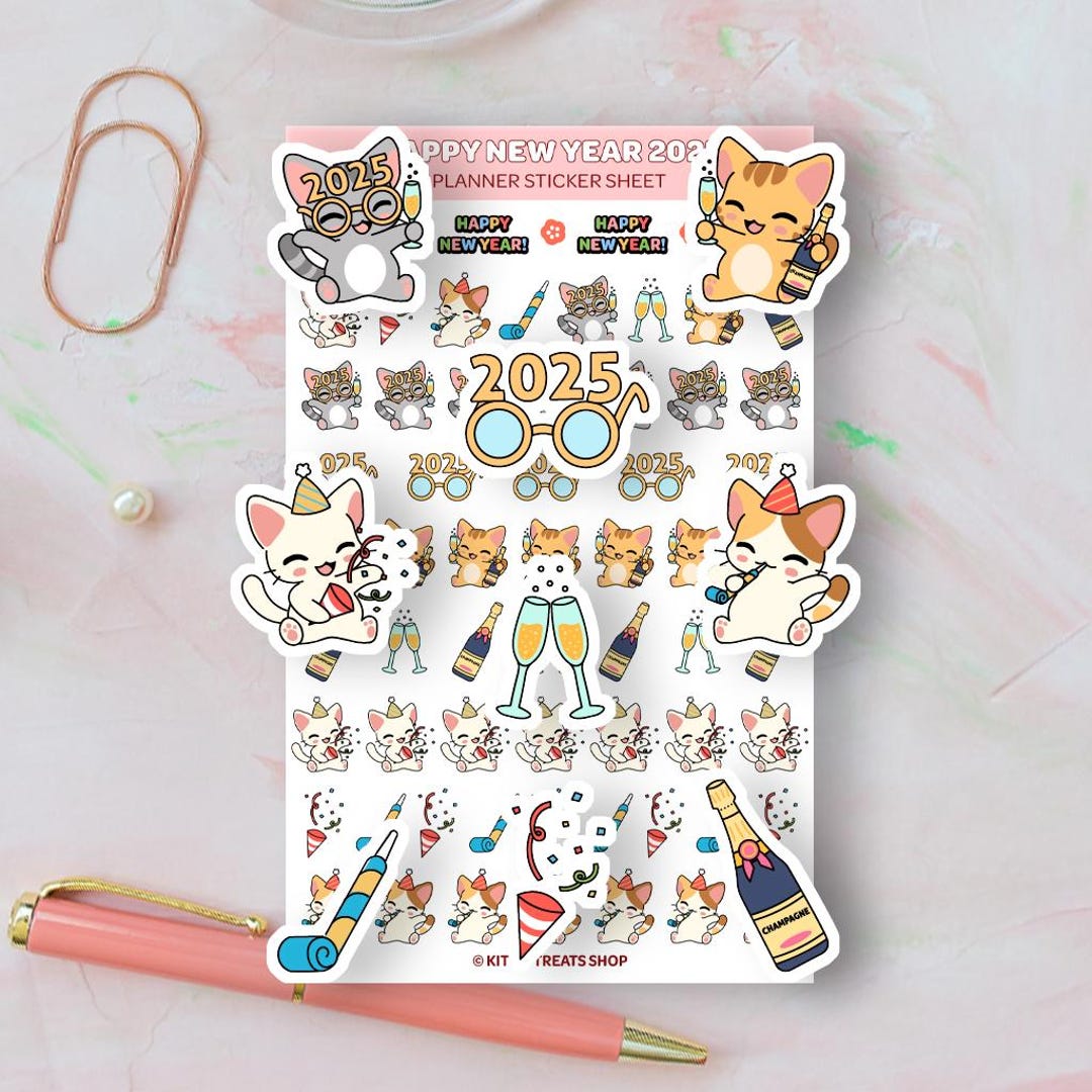 Kawaii New Years 2025 Planner Stickers, New Years Stickers, Cute ...